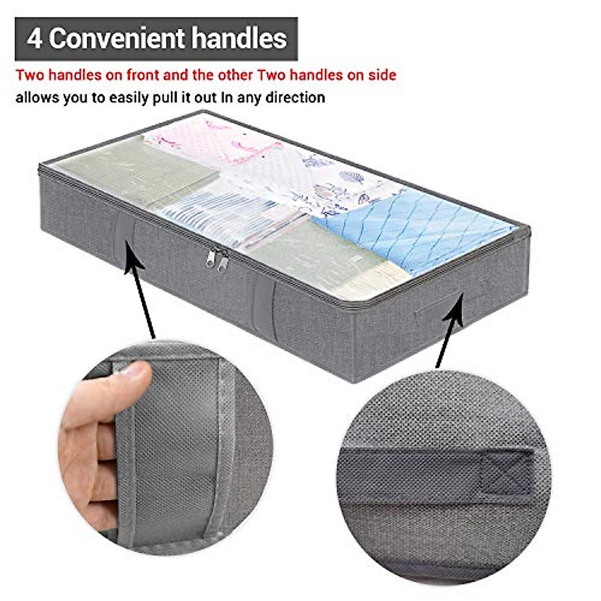 homyfort Underbed Storage Bags Containers 2 Pack - Large Capacity Under Bed Storage Box with 4 Handles and Sturdy Zippers,Clear Window for Blankets,Clothes,Comforters (Grey)