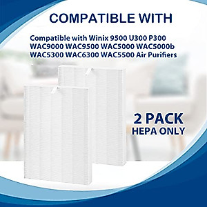 114190 True HEPA Replacement Filters B Compatible with Winix 9500 U300 P300 WAC9000 WAC9500 WAC5000 WAC5000b WAC5300 WAC6300 WAC5500 Air Cleaner, Compared to Winix Filter B 114190 (2 Pack HEPA Only)