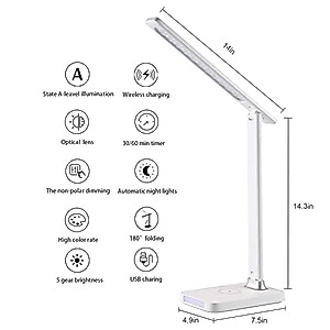 VAVOFO LED Desk Lamp with USB Charger, USB Charging Port, Table Lamp with 5 Brightness Levels Touch Control, 30/60 min Auto Timer, Dimmable Eye-Caring Desk Light for Home Office