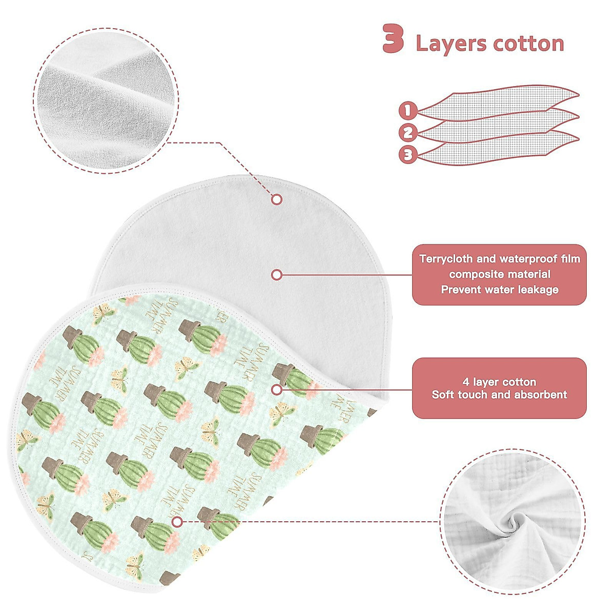 Kigai Cute Cactus Muslin Baby Burp Cloths - Super Absorbent and Soft Burping Rags - Cotton Burp Clothes Set for Boys and Girls, 4 Pack