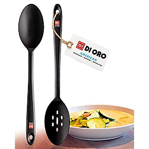 DI ORO Silicone Spoons for Cooking - Large Kitchen Spoons for Mixing, Serving, & Stirring - 600°F Heat-Resistant Non Stick Utensils – Big Solid & Slotted Basting Spoons - Dishwasher Safe (2pc, Black)