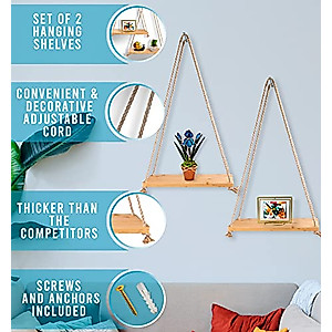 Comfify Modern Set of 2 Wooden Floating Shelves with String – Farmhouse Boho Wall Decor for Living Room Wall – Natural Wood Decorative Shelves with Rope – 17”x5.2” - Natural Color