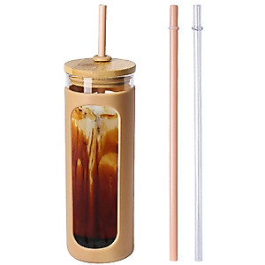 Kodrine 24 oz Glass Water Bottle with Bamboo Straw and Lid, Wide Mouth Water Tumbler,Straw Silicone Protective Sleeve BPA FREE-Amber