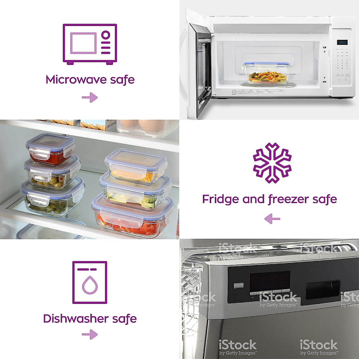 5 Pack Rectangular Heat Resistant Borosilicate Glass Airtight Containers with Lock Down Lids By Popit
