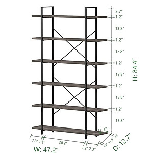 HSH Industrial Tall Bookshelf, Large Vertical Wood and Metal 6 Tier Book Shelf, Open 6 Shelf Bookcase for Bedroom Living Room Office, Vintage Display Storage Bookshelves and Bookcases, Dark Gray Oak