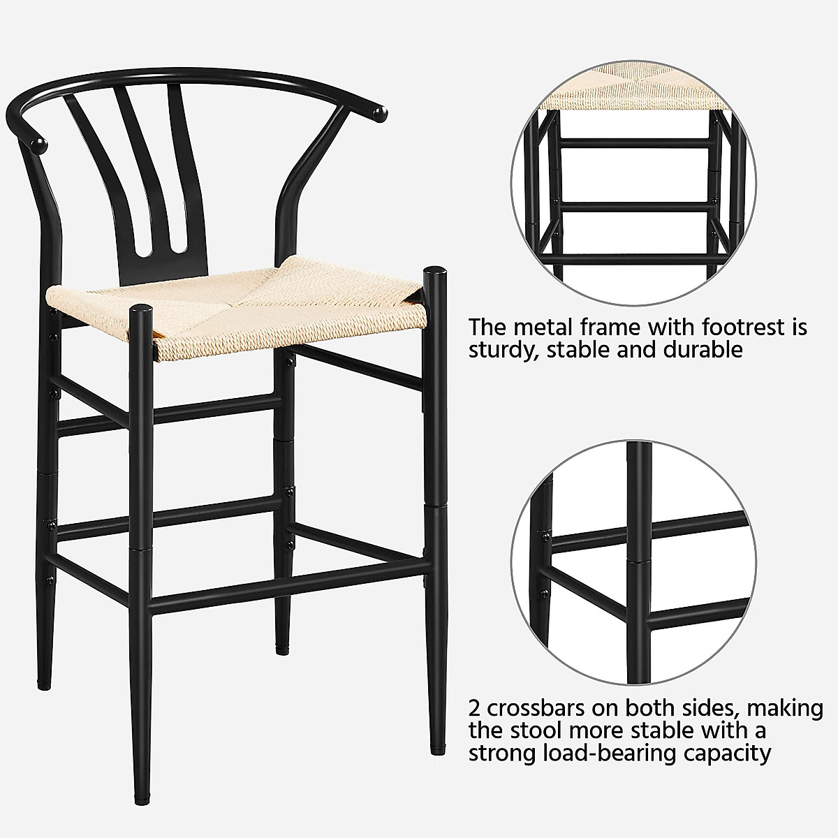 Yaheetech 26'' Weave Counter Stool Set of 2 Bar Stool Mid-Century Modern Metal Barstool Counter-Height Stool Slat Backrest Dining Chair, Black