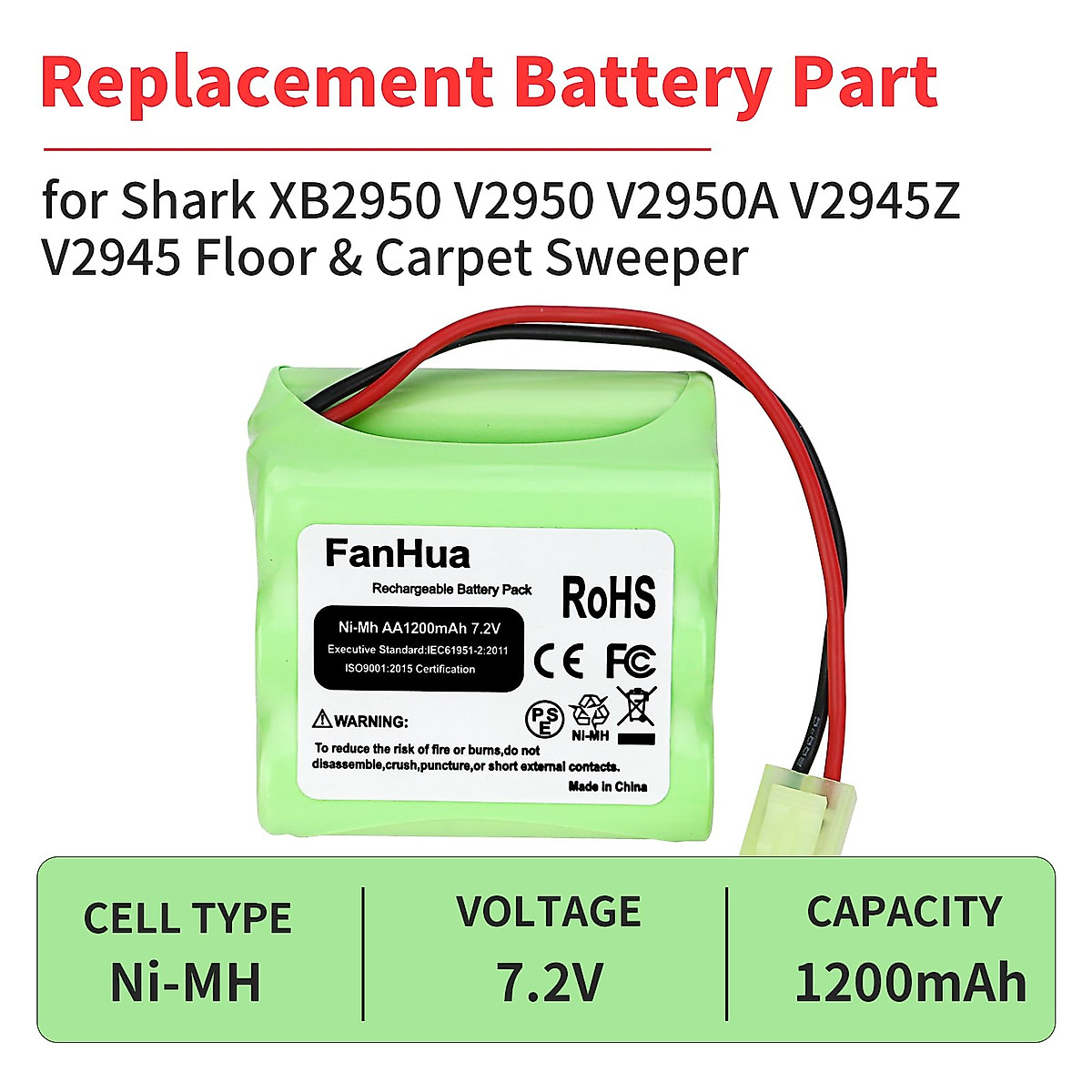 1200mAh XB2950 Replacement Battery for Shark V2950 V2950A V2945Z V2945 Vacuum Carpet Sweeper 7.2V Ni-Mh Battery