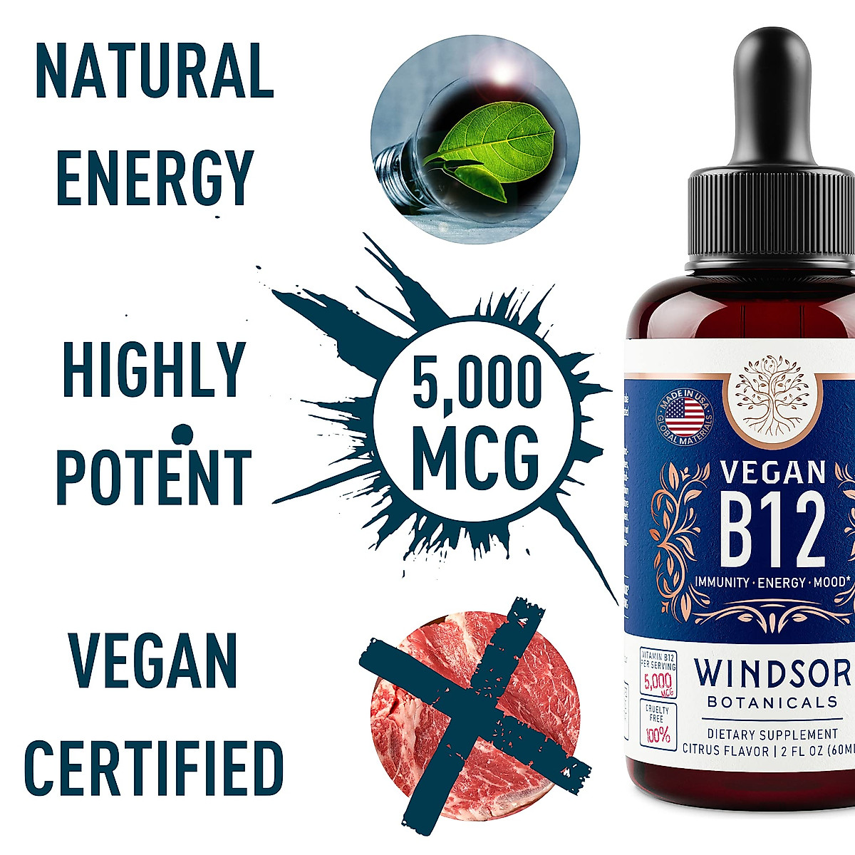 Vegan Vitamin B12 Liquid - Max Strength B12 Vitamins 5000 mcg Methylcobalamin Supplement - Liquid Vitamin B12 Sublingual Drops - Liquid B12 Vitamins Mood, Energy Support - Citrus Flavor B 12, 2oz