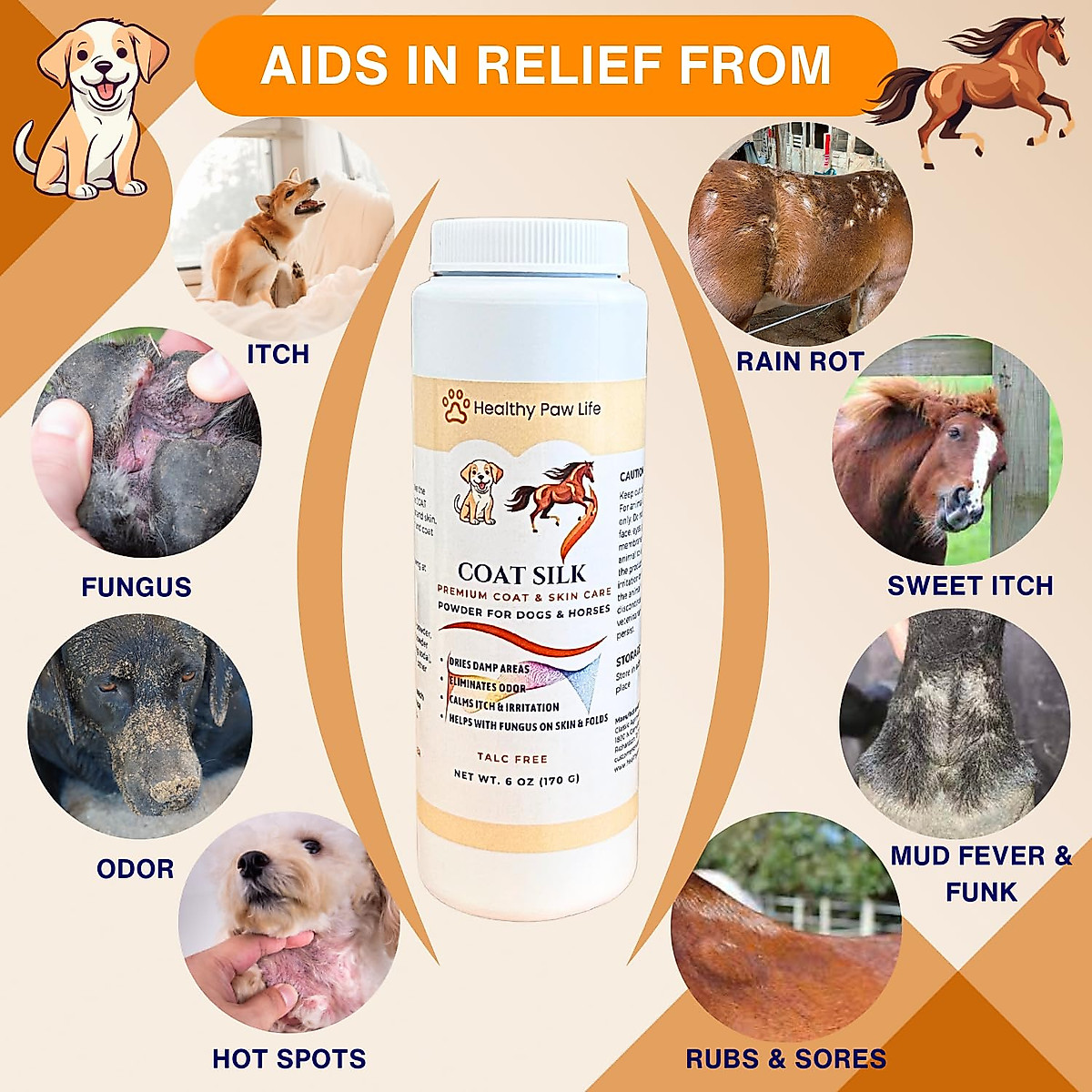 Coat Silk - Canine and Equine Dry Powder | Alleviate Odors and Itchiness | Relieves Rain Rot and Sweet Itch | Holistic Remedy and Soothing Formula | for Dogs and Horses