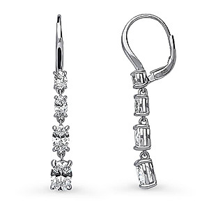 BERRICLE Sterling Silver Graduated Cubic Zirconia CZ Leverback Dangle Drop Earrings for Women, Rhodium Plated