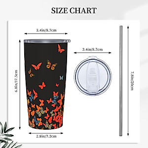 JASROTAO Colored Butterflies Tumbler,Butterflies 20oz Stainless Steel Insulated Travel Tumbler,Travel Coffee Mug with Lid and Straw Water Bottle Drink Tumbler Cups Gifts for Women Men