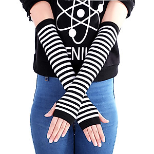 Bememo 4 Pairs Punk Gothic Long Fingerless Gloves Knitted Arm Warmer Elbow Length Gloves Thumb Hole Gloves (Dark Grey, Light Grey, Striped Color)
