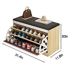 Baoz Oak Plank Shoe Storage Bench with Flip-Drawer Shoe Storage Cabinet, Padded Seat and Tipping Bucket Switch Shoe Cabinet Storage Bench,31.4'' L × 11.8'' W × 20'' H