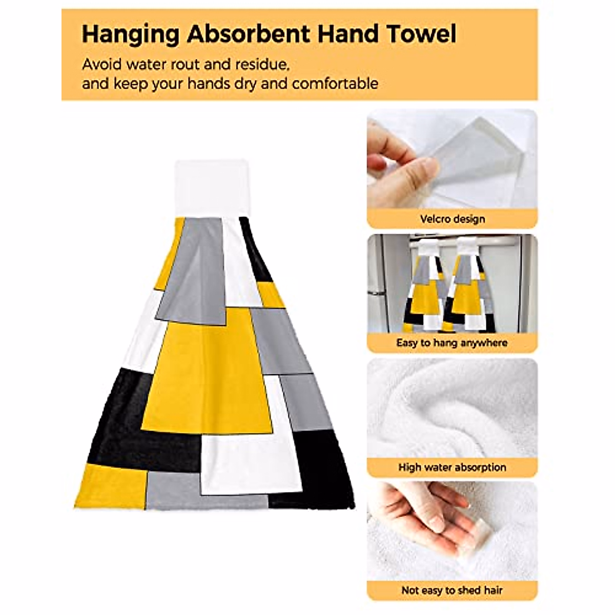 PIEPLE 2 PCS Kitchen Hand Towels, Irregular Geo Color Block Soft Plush Hanging Tie Towels with Loop for Kitchen Bathroom Dish Cloth Tea Bar Towel Yellow Black White Grey Abstract Modern
