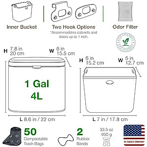 Eparé Kitchen Compost Bin Countertop - 4L/1 Gal Odorless Small Stainless Steel Composting Bin - Hanging Food & Waste Counter Top Trash Can - with 50 Compostable Trash Bags & Carbon Filter