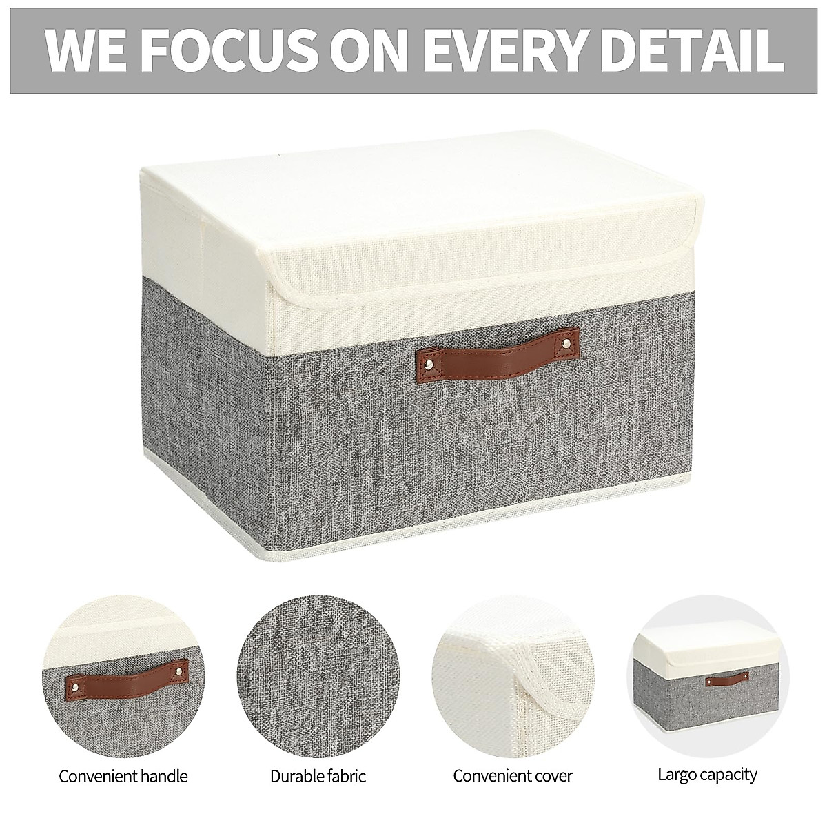 8 Pack Storage Bins Foldable Storage Boxes Fabric Storage Box with Lid & Handle Large Washable Storage Organizer Bulk for Office, Home, Books, Clothes, Bedroom, Closet, (15INx10INx10IN White/Grey)