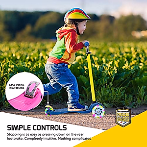 Swagtron K5 3-Wheel Kids Scooter with Light-Up Wheels | Quick Assembly | ASTM-Certified | Height-Adjustable for Boys or Girls Ages 3+ (Blue)