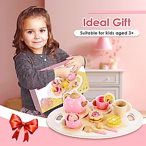 BUYGER Pretend Play Princess Tea Party Set for 3 4 5 6 + Year Old Wooden Kitchen Play Food Accessories Sets Christmas Birthday Gifts for Toddler Little Girls Boys Age 3-5