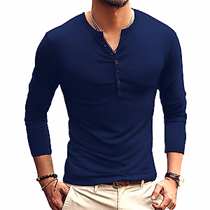 YTD Mens Casual Slim Fit Basic Henley Long Sleeve Fashion T-Shirt S Navy