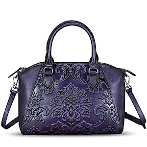 Genuine Leather Satchel for Women Embossed Leather Handbag Top Handle Bags Handmade Purse Crossbody Tote Handbags (Purple)