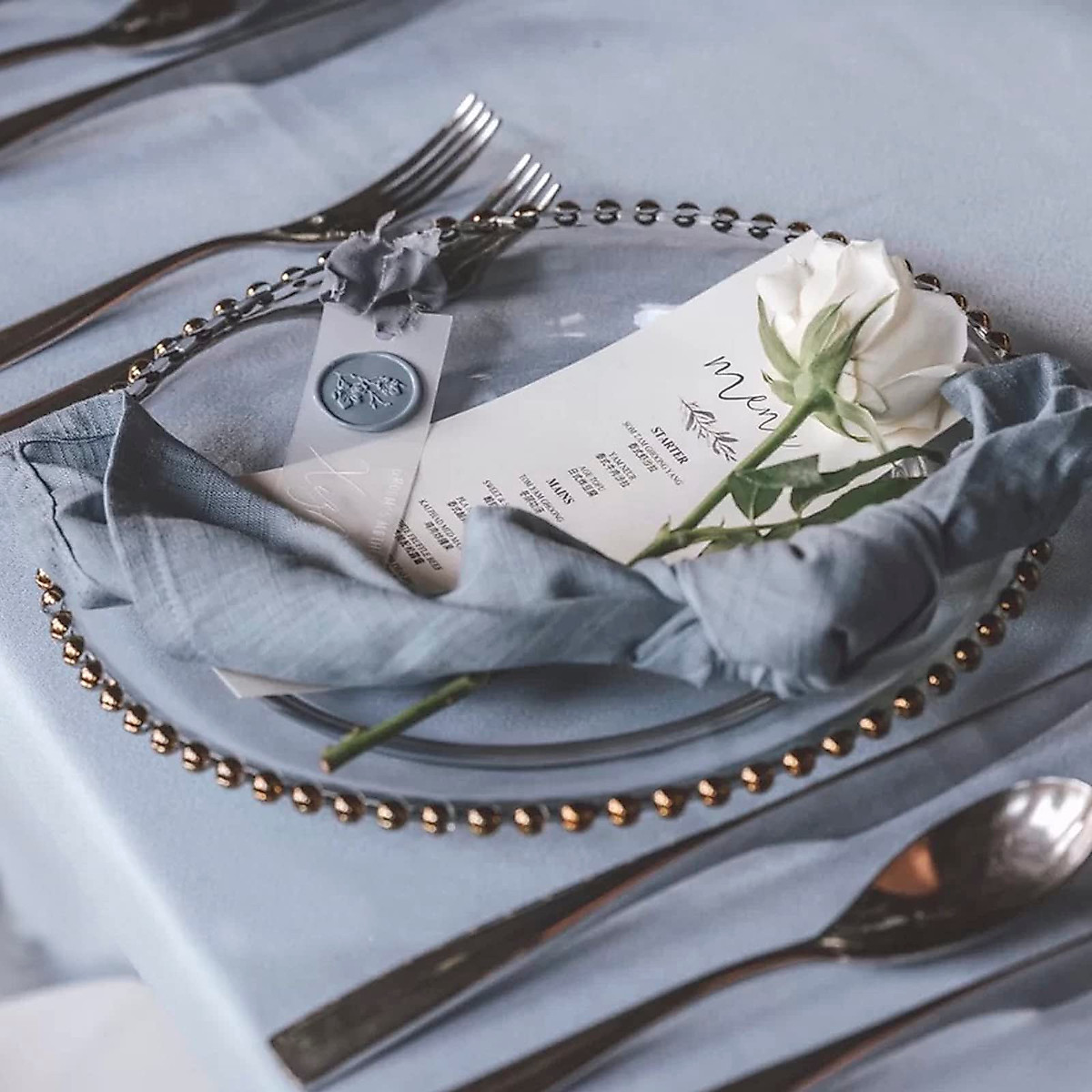 mwellewm Charger Plates Set of 12 and 24 Pack Napkin Rings, Acrylic Gold Beaded Clear 13 Inch Chargers for Dinner Serving Plates Decor Wedding, Party, Decoration