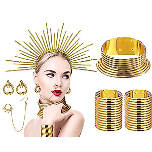 5 Pcs African Vintage Gold Flamboyant Jewelry Set Egypt Choker Bracelet African Nose Rings Hoop Chain Earrings Crown Headpiece Sunburst Spiked Headband for Women Costume Accessories Theme Party