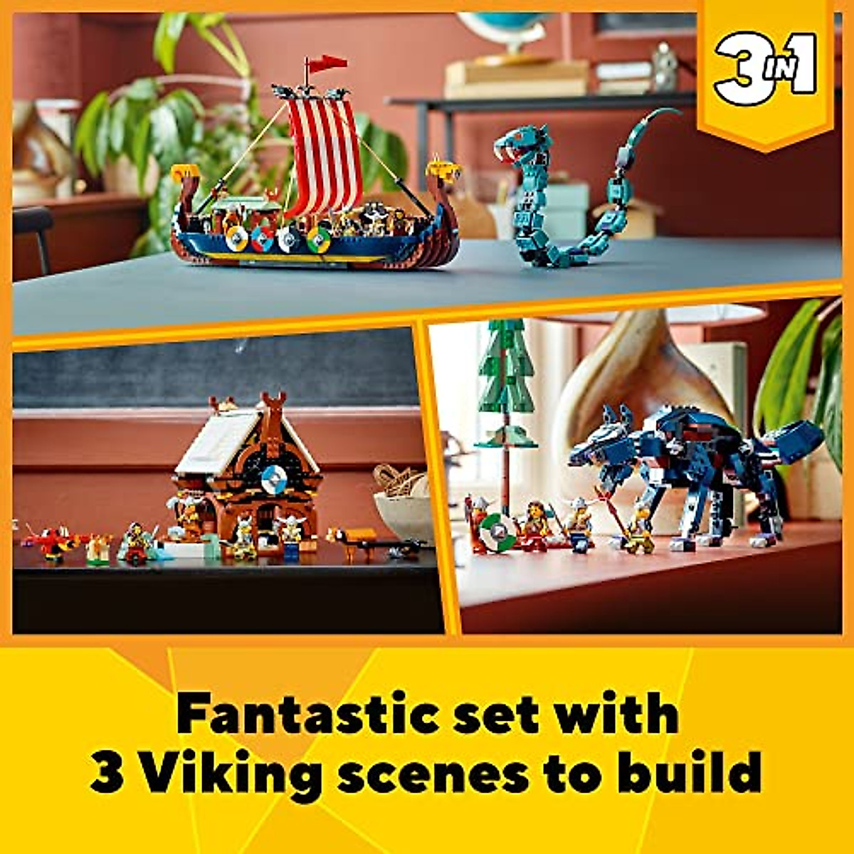 LEGO Creator 3in1 Viking Ship and The Midgard Serpent 31132, Toy Boat and Snake to House or Wolf Figure Building Set, Gifts for Kids, Boys & Girls