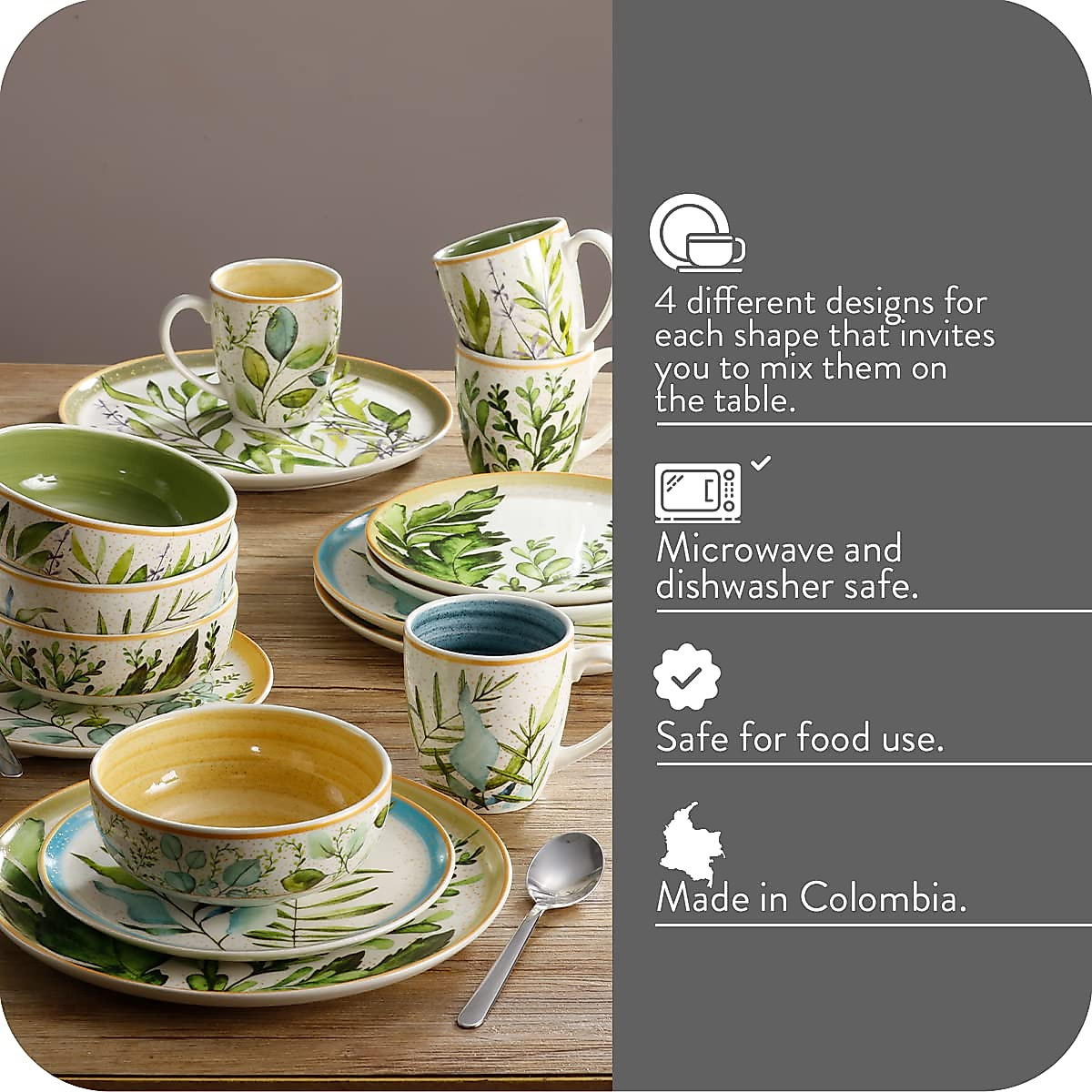 Corona Dinnerware Set 16– piece, Plates Bowls and Mugs Set, Ceramic Sets for 4, Microwave and Dishwasher Safe, Siena Italian Floral Design