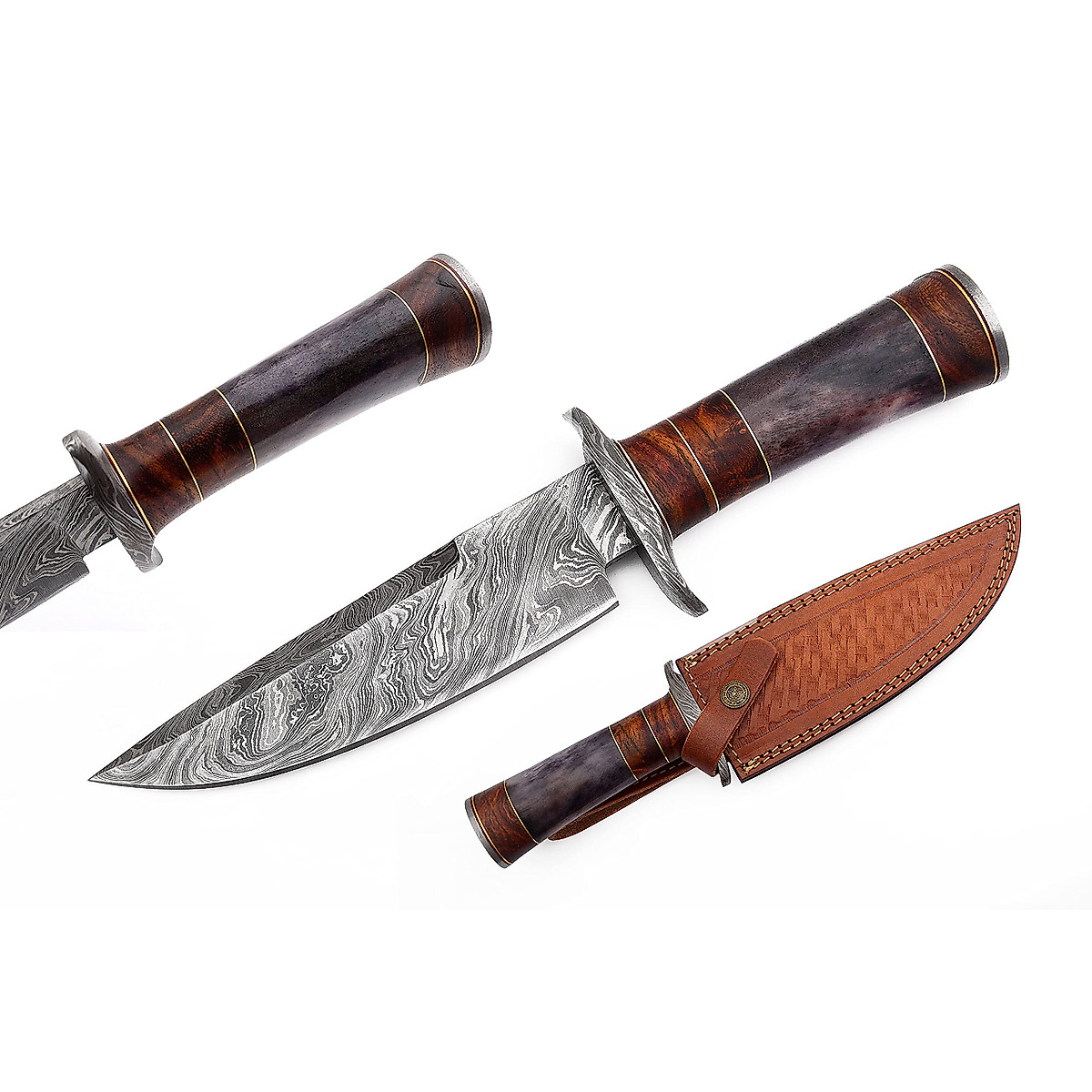 HANDCRAFT GOODS Handmade Hunting Fixed Blade Bowie Knife with Leather Sheath Damascus Steel For Outdoor Knifes- CROWN