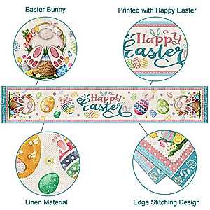 pinata Easter Table Runner, Happy Easter Table Runner 72 Inch, Burlap Bunny Dresser Scarves for Kitchen, Small Rabbits Egg Linen Table Cloth for Holiday, Seasonal Spring Table Decor for Dinning Room