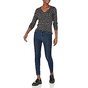 Amazon Essentials Women's Classic-Fit Lightweight Long-Sleeve V-Neck Sweater (Available in Plus Size), Grey Heather Leopard Print, Large