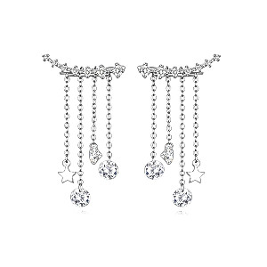 Reffeer Solid 925 Sterling Silver Crawler Earrings Tassel Chain Dangle for Women 7 Crystal Cuff Earrings Chain Wraps Climber