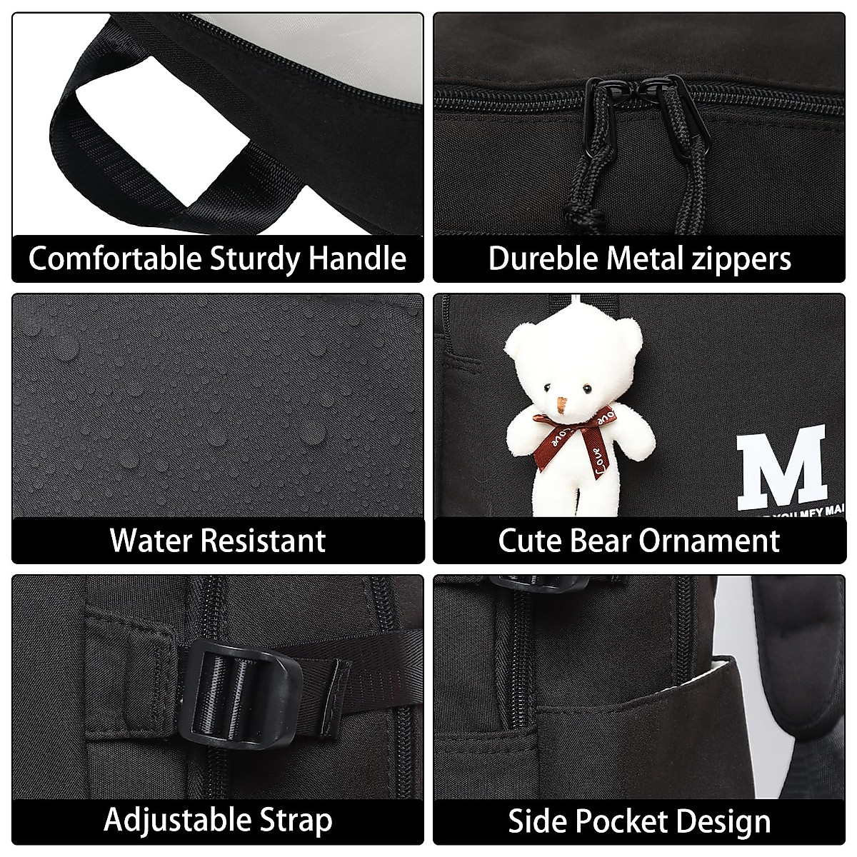 HengQiYu Boys and Girls Insulated Lunch Bag Set Backpack, Youth School Backpack, Children's Backpack, Laptop Backpack (Black)