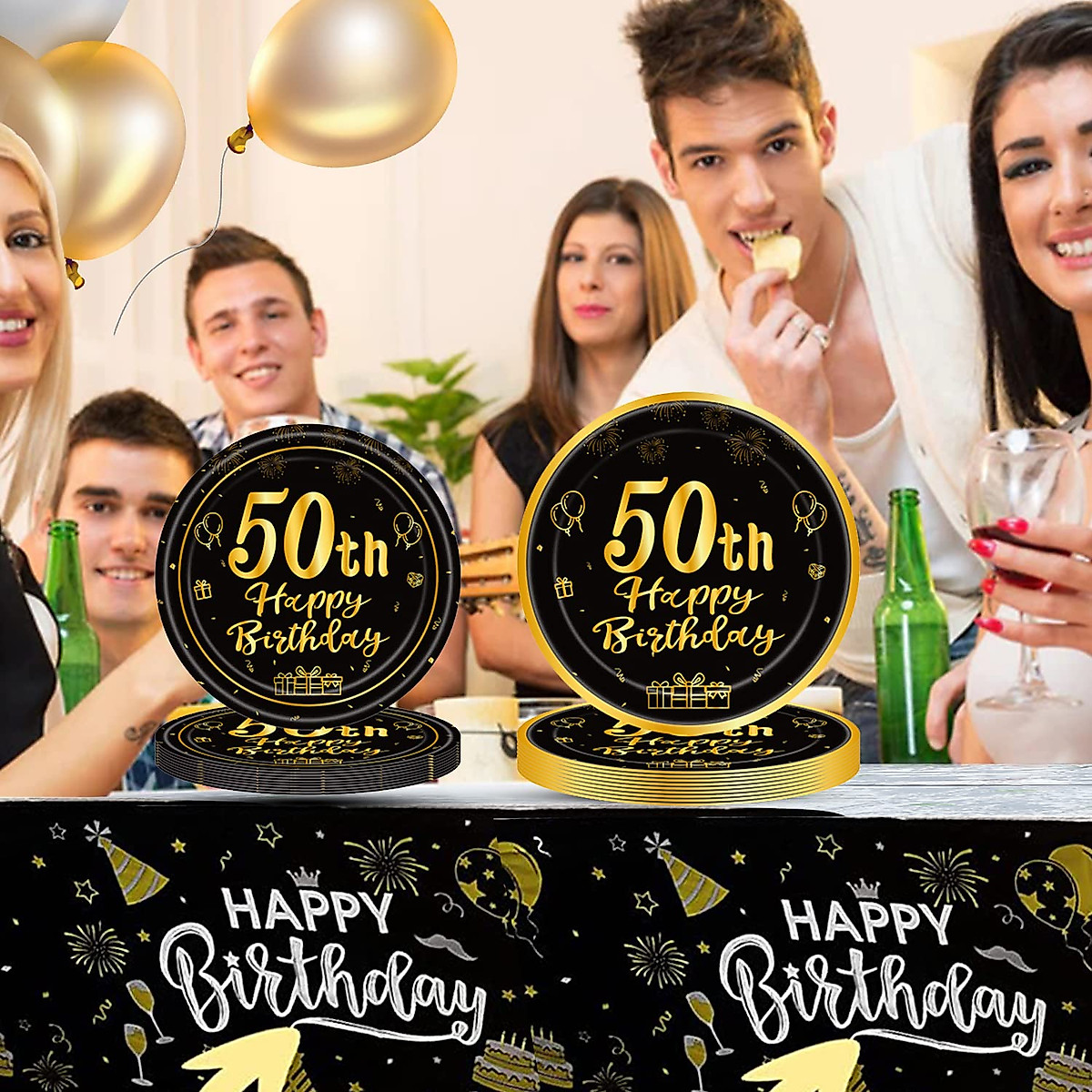 50th Birthday Theme Party Supplies,Disposable Party Tableware Sets - 50 Years Paper Plates,Napkins,Plastic Forks Knives,Tablecloths,50th Birthday Decorations for Men Women,24 Guests