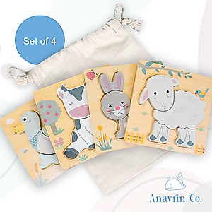 Anavrin Co. 4 pk Animal Shape Wooden Puzzles Set for Toddlers Early Brain Development Learning, Toddler 1 2 3 4 Years Old, Montessori STEM Educational Birthday Gift Toy