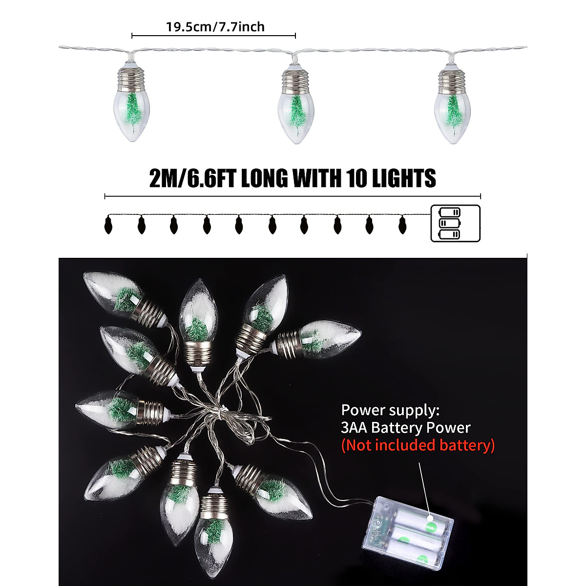 2Pcs Christmas Snow Globe String Lights Indoor Decorations 6.6 FT Battery Operated Powered String Lights for Christmas Tree Snow Scene in 20 Clear Bulbs Decor for Home Bedroom Fireplace Xmas Lights