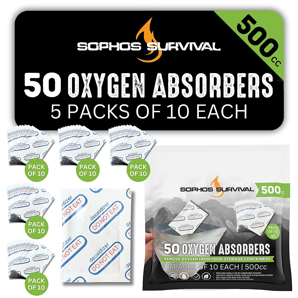 50 Packs 500cc Oxygen Absorbers (10 Pack in Individual Vacuum Bag) FDA Food Safe Oxygen Absorbers For Long Term Food Storage, Works in Mylar Bags for Freeze Drying, Canning, and Dehydrating