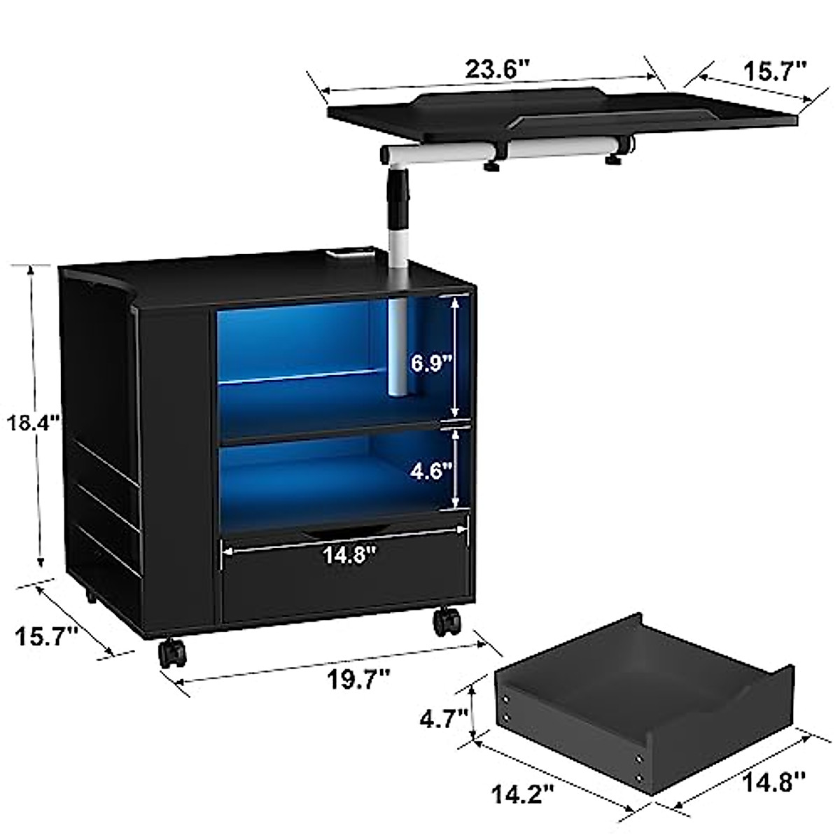 Shahoo Nightstand Set of 2 with Charging Station and 3 LED Lights, Modern End Side Table Featuring Open Storage, Drawer, Adjustable Rotary Stand Plate for Bedroom, Black, 2