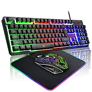 FELICON Wired Gaming Keyboard and Mouse Combo & 10 RGB Mouse Pad Set Waterproof 104 Keys Rainbow Backlight Mechanical Feel Keyboard and Crack Glowing Mouse for Laptop PC Computer Gaming and Work