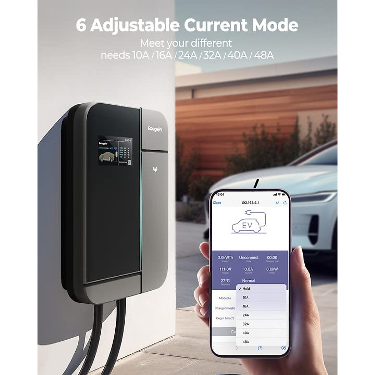 BougeRV 48 Amp Level 2 EV Charger for Home, 240V, NEMA 14-50 Plug, 25 Ft, 48A/40A/32A/24A/16A/10A Adjustable Current, Electric Car Charging Station, Waterproof Indoor/Outdoor Use