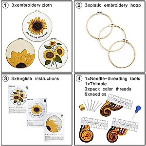 Armindou 3 Sets Embroidery Starter Kits with Sunflower Pattern for Adults Beginners, Floral Stamped Cross Stitch Kit Hand DIY Needlepoint Kit, 3 Embroidery Hoops, 3 Embroidery Fabric, Needles, Threads