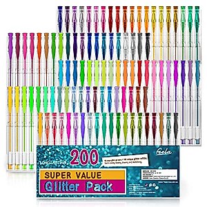 feela 200 Pack Glitter Gel Pens Set 100 Gel Pen plus 100 Refills for Adult Coloring Books Drawing Art Markers