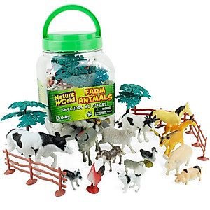 Boley Farm Animal Toy Bucket - 40 Piece Educational Playset with Horses, Cows, Roosters, Sheep, Fences, Trees - Perfect for Imaginative Play, Easy Storage, and Cleanup - Child Safe, Durable, and Fun