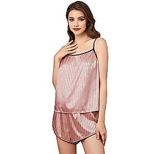 WDIRARA Women's Plus Size 3 Pieces Silk Sleepwear Satin Striped Cami Top with Shorts and Pants Pajama Set Dusty Pink 5XL