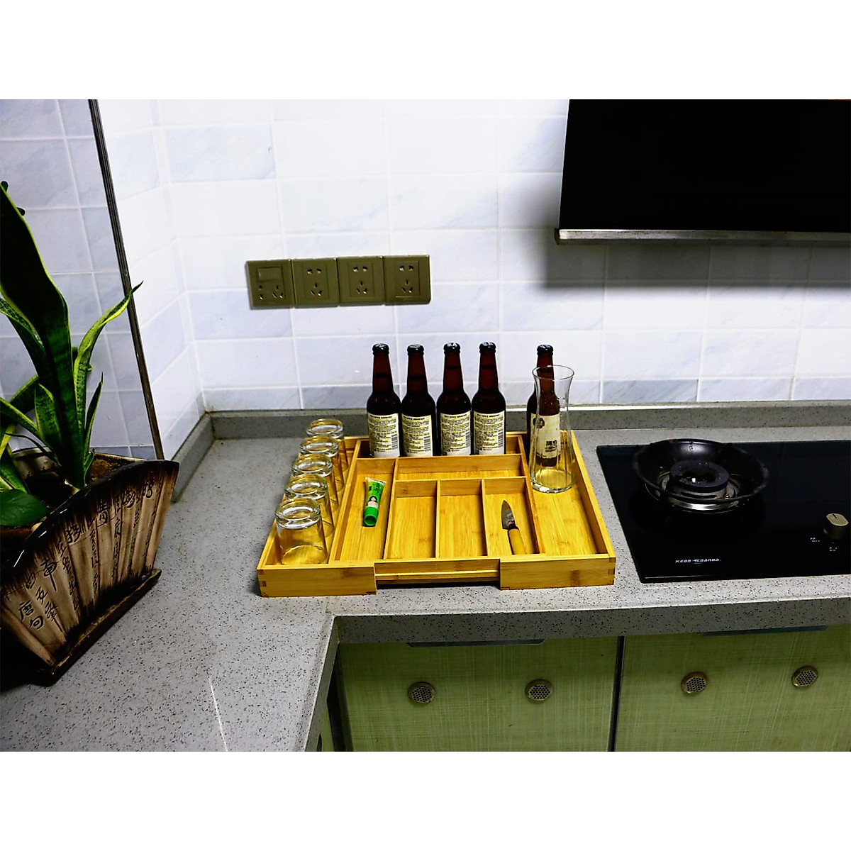 GOGOUP Bamboo Expandable Drawer Organizer for Utensils Holder, Adjustable Cutlery Tray Wood Drawer Dividers Organizer for Silverware Flatware Knives in Kitchen Bedroom Living Room