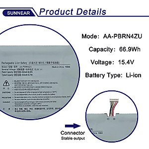 SUNNEAR AA-PBRN4ZU Battery Compatible with Samsung Galaxy Book Flex 930QCG 930QCJ 930XCJ NP930QCG-K01 950QCG-X01 950QCJ 950XCJ NP950QCG NP950QCG-K01US 15.4V 4350mAh 66.9Wh 4-Cell