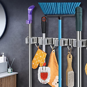 HANZENMA Broom Holder Wall Mount, Broom Organizer Wall Mount Stainless Steel Broom and Mop Hanger Heavy Duty Storage Organization for Home Kitchen Garden Garage Room 5 Racks 4 Hooks Grey