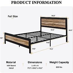 SHA CERLIN Heavy Duty Full Size Bed Frame/Metal Platform Bed with Rivet Wooden Headboard Footboard/ 13 Strong Steel Slats Support/No Box Spring Needed/Mattress Foundation/Easy Assembly