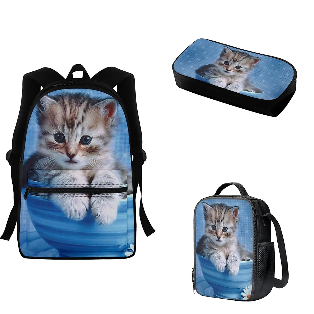 FOR U DESIGNS Kitten Cat Teens Backpack Set Canvas Girls School Bags Bookbags 3 in 1