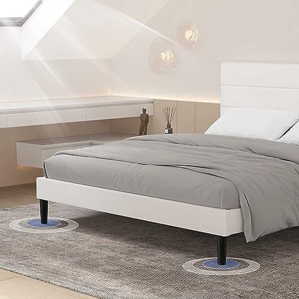 BONSOIR Queen Size Beige Color Modern Low Profile Upholstered Bed Frame with Tufted Headboard